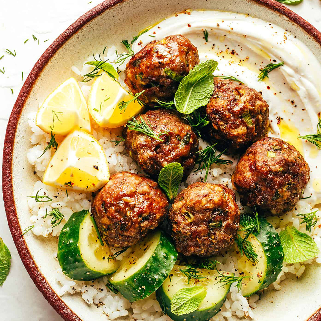 Greek Meatballs + Rice & Grilled Zucchini - Single Serving - Girl ...